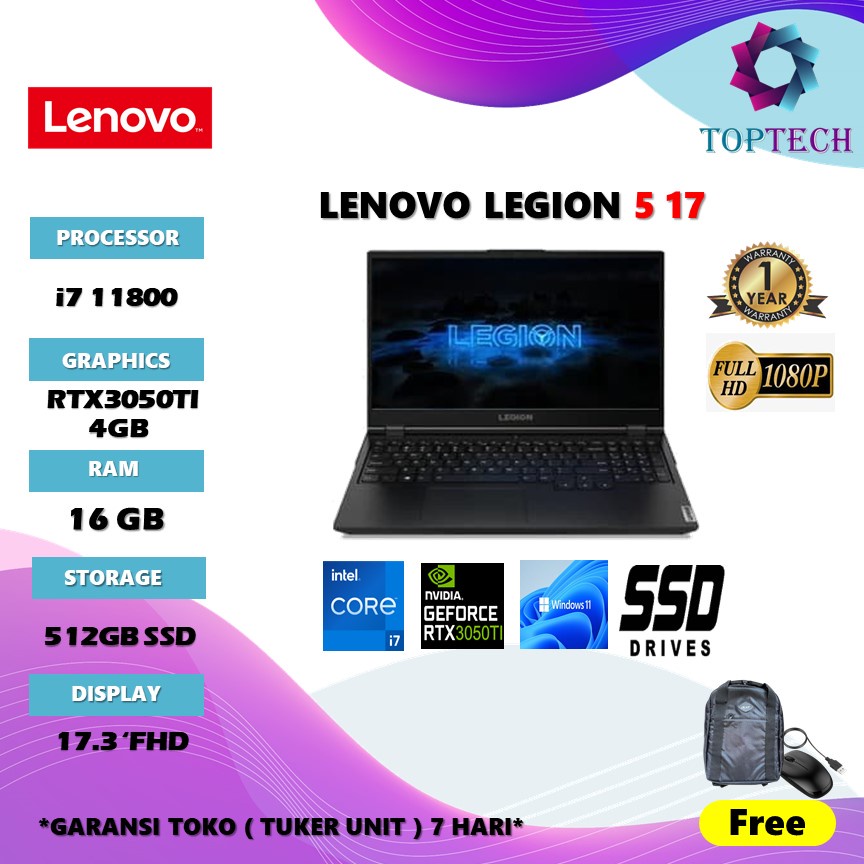 Jual LAPTOP LENOVO LEGION 5 17 i7 11800 RAM 16GB 1TB SSD RTX3050TI 4GB W11 17.3GFHD | Shopee ...