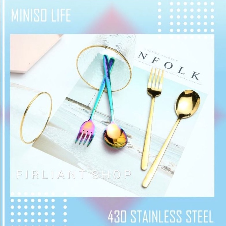Jual Miniso Stainless Steel Spoon + Fork Gold & Rainbow Cutlery set ...