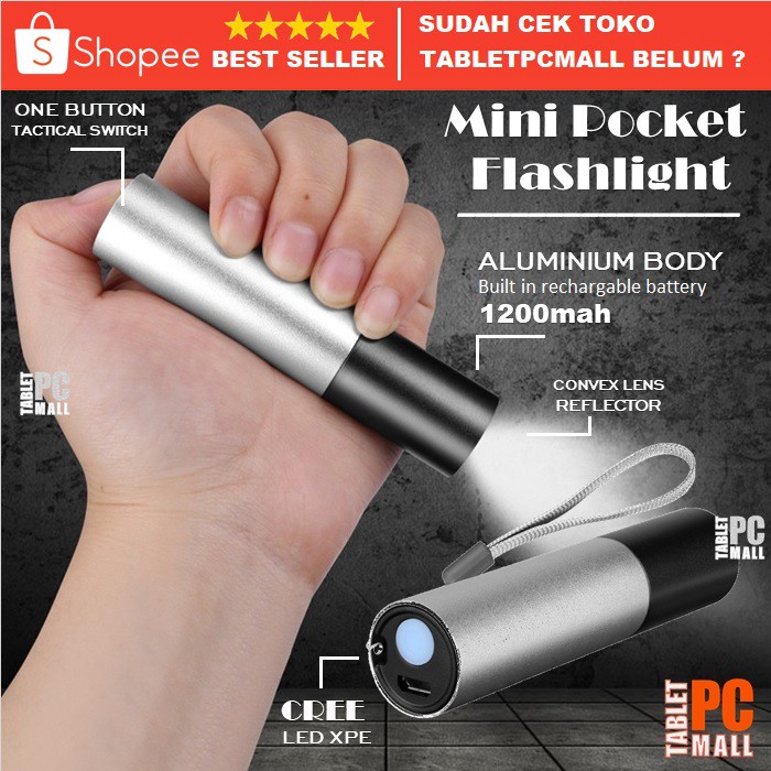 Jual Senter LED Mini Pocket Flashlight Rechargeable Aluminium Body XPE ...