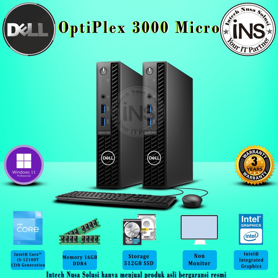 Jual CPU DELL OptiPlex 3000 Micro i3-12100T 16GB 512GB SSD WIN11PRO 3YR ...