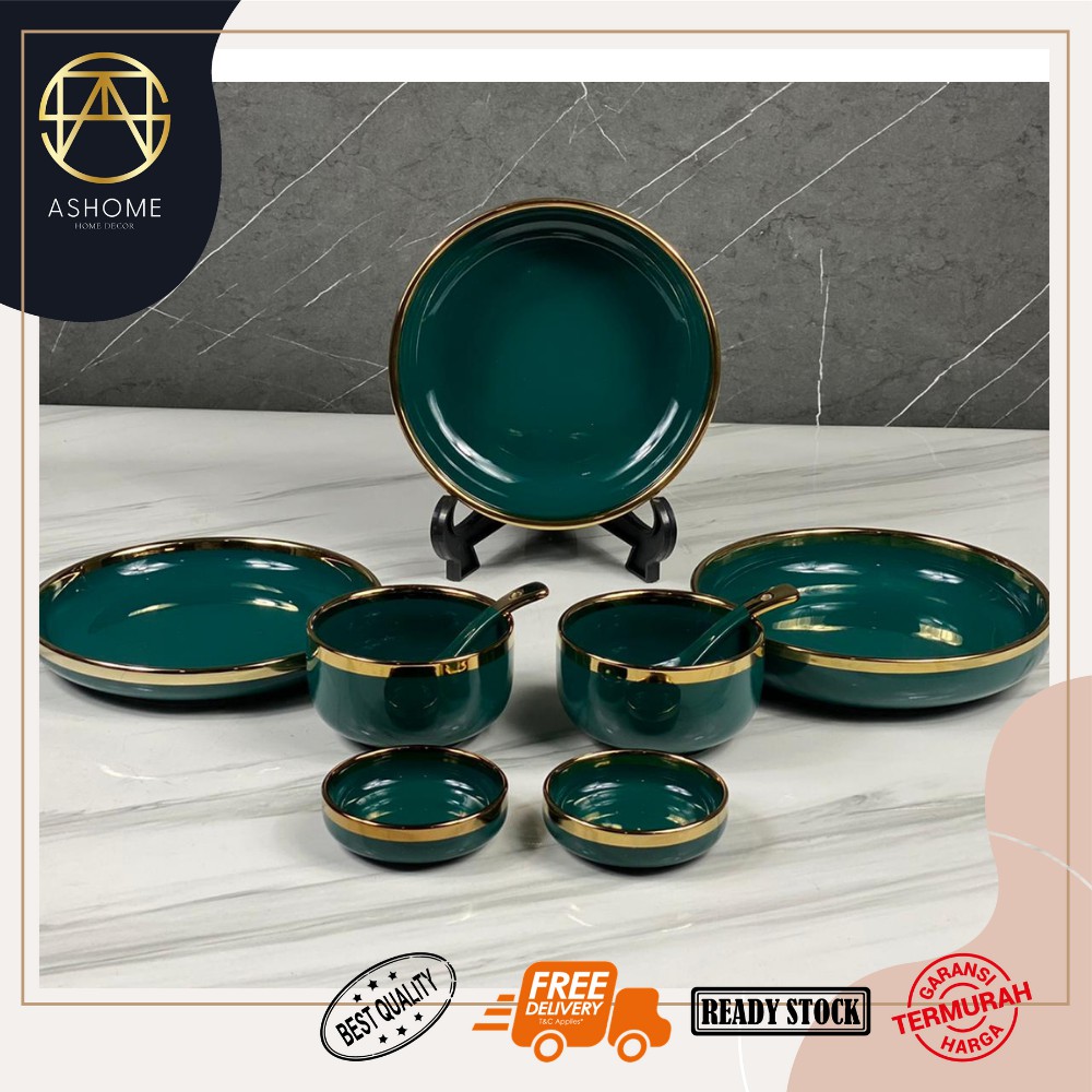 Jual ASHOME Piring Set 2 Orang Piring Makan Set Keramik Hijau Emerald ...