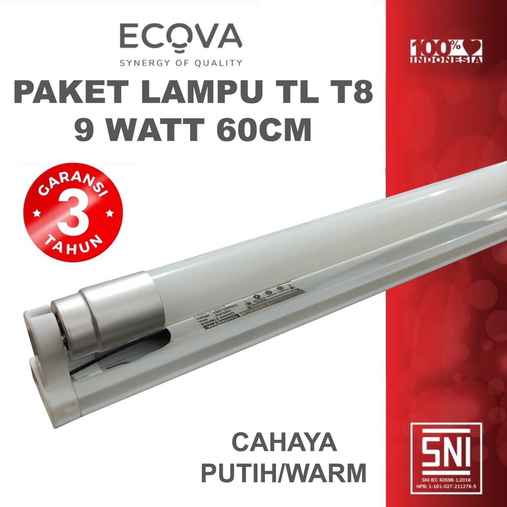 Jual Paket Lampu TL T8 LED 9 Watt Putih/Warm + Kap Lampu TL / ECOVA T8 | Shopee Indonesia
