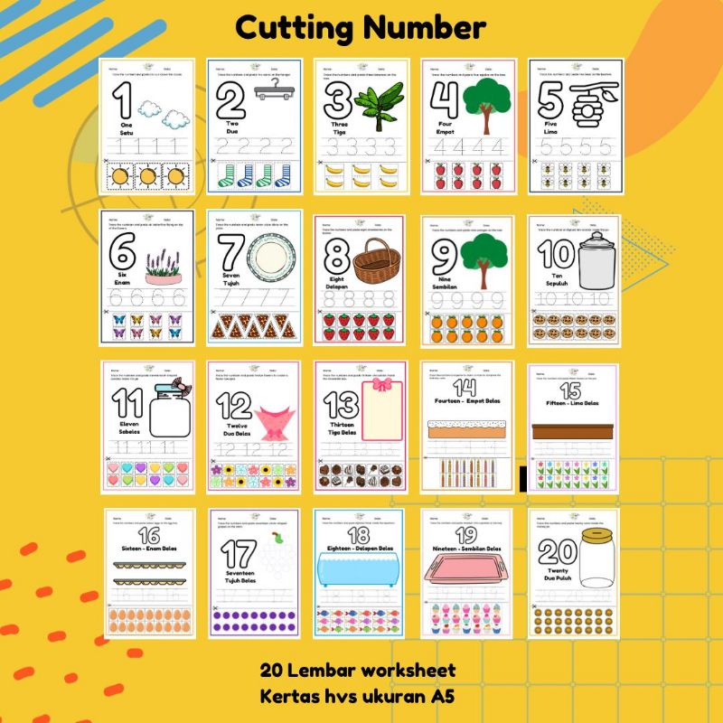 Jual worksheet cutting number | belajar menggunting, menghitung ...