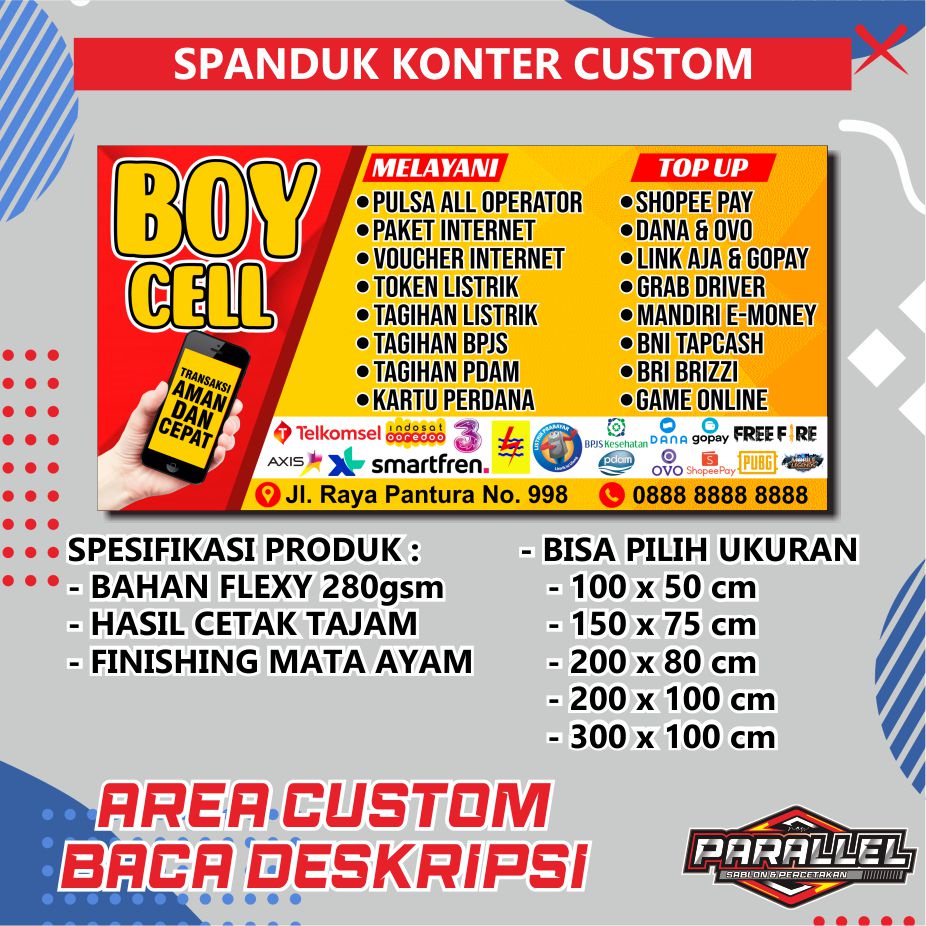 Jual SPANDUK KONTER CUSTOM, BANNER KONTER CUSTOM, SPANDUK COUNTER PULSA CUSTOM | Shopee Indonesia