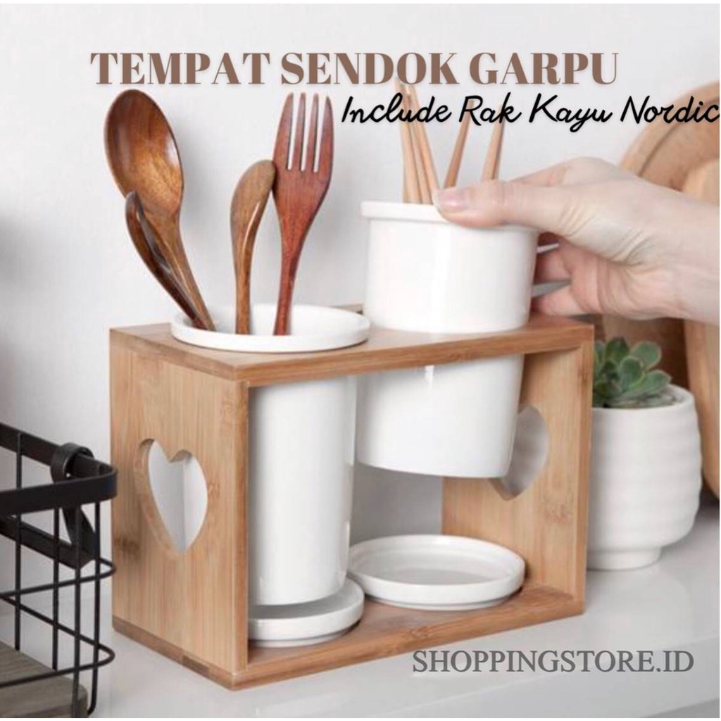 Jual Tempat Sendok Garpu Sumpit Keramik isi 2 Tempat Wooden Stand Rak ...