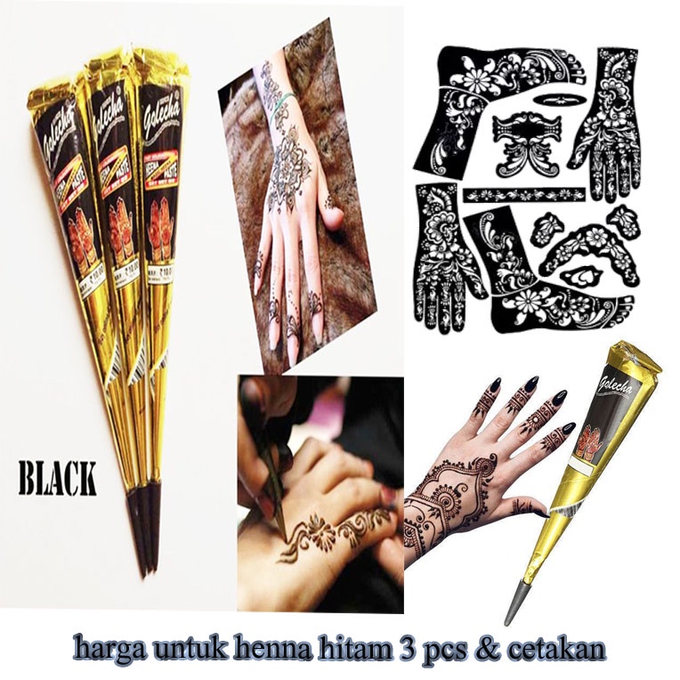 Jual Paket Henna Tangan - Hena Halal - Golecha Hitam 3 Pcs & Cetakan 1 ...