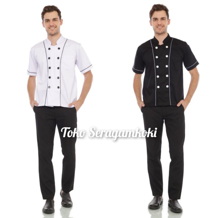 Jual PRIA-KOKI-SERAGAM- BAJU KOKI LENGAN PENDEK HITAM LIST PUTIH ...