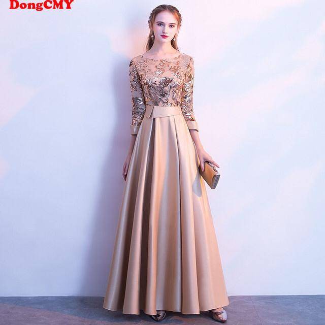 Jual Gaun Perjamuan Elegant Emas Dan Hitam Lengan Satin Sequin Panjang ...