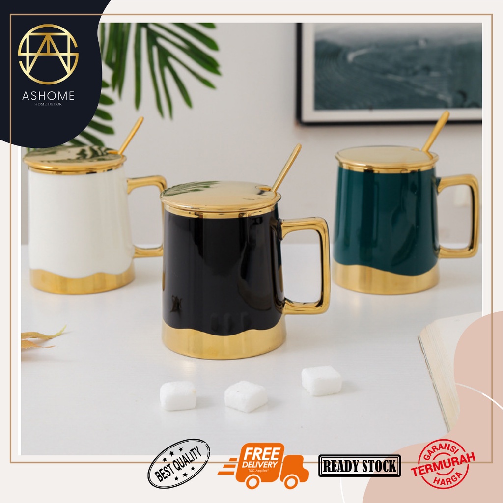Jual ASHOME Gelas Minum Set Keramik List Gold Dengan Tutup Gelas Emas ...