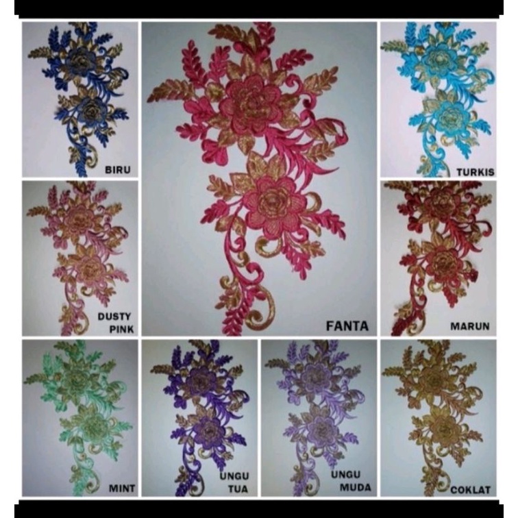 Jual Renda Bordir Aplikasi Bunga 2 Mawar Kombinasi Mas | Shopee Indonesia
