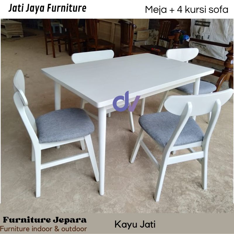 Jual Meja makan 4 kursi sofa kayu jati Duco putih | Shopee Indonesia