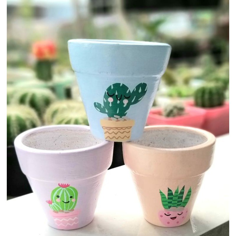 Jual Pot Lukis Tanah Liat Mini Clay Pot Motif Kaktus Pastel Lucu Unik ...