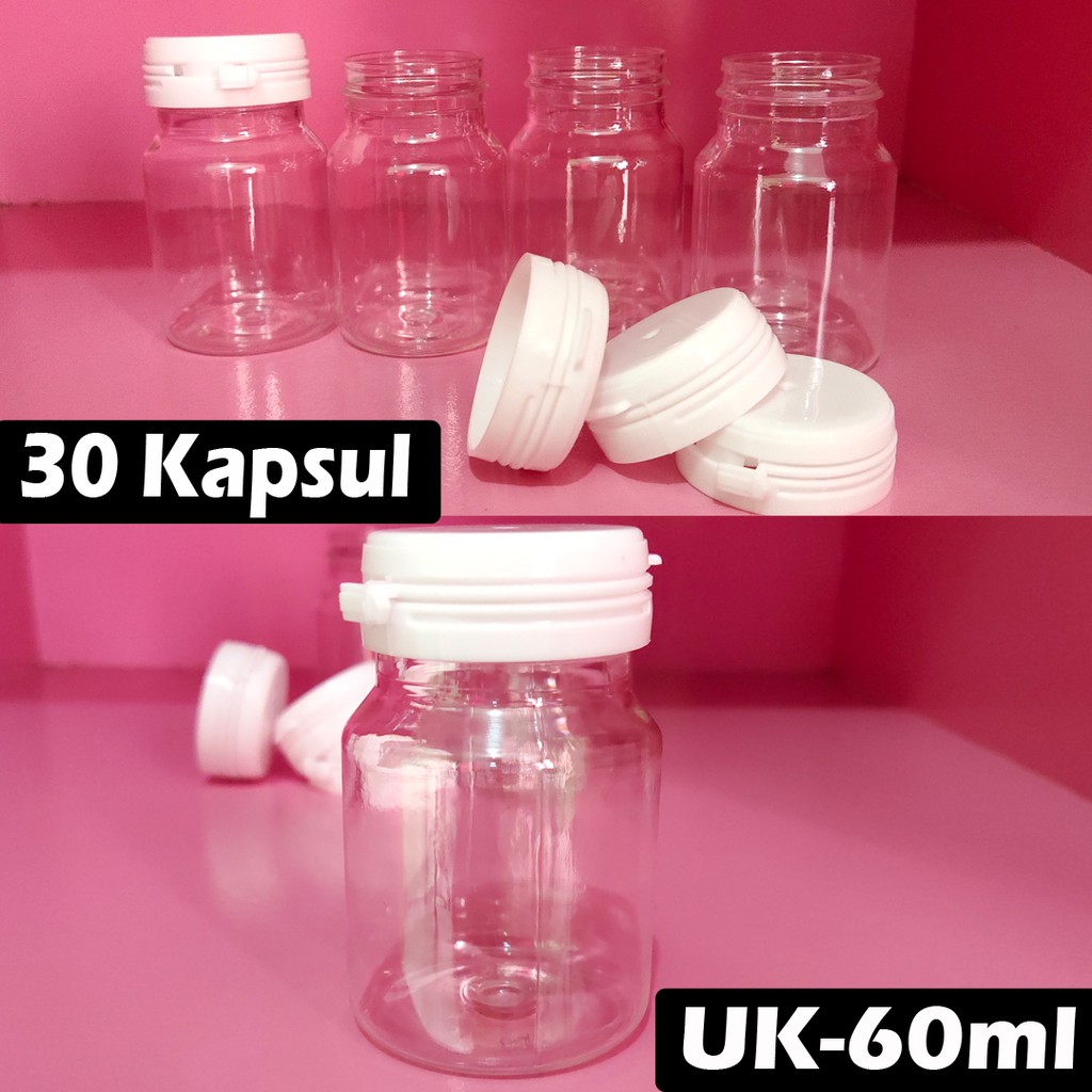 Botol Kapsul Bulat Bening PS / Transparan isi 30 Obat Ukuran 60ml ...