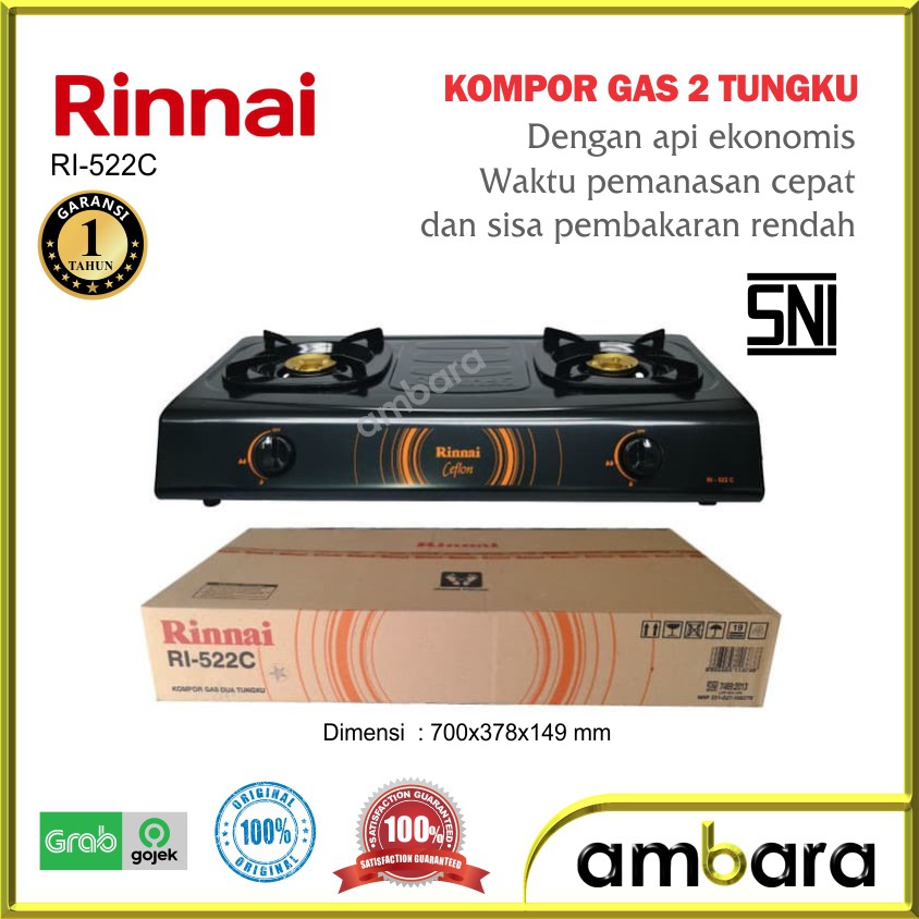 Jual Rinnai Kompor Gas 2 Tungku RI-522C Teflon Kuningan-Kompor Rinai ...