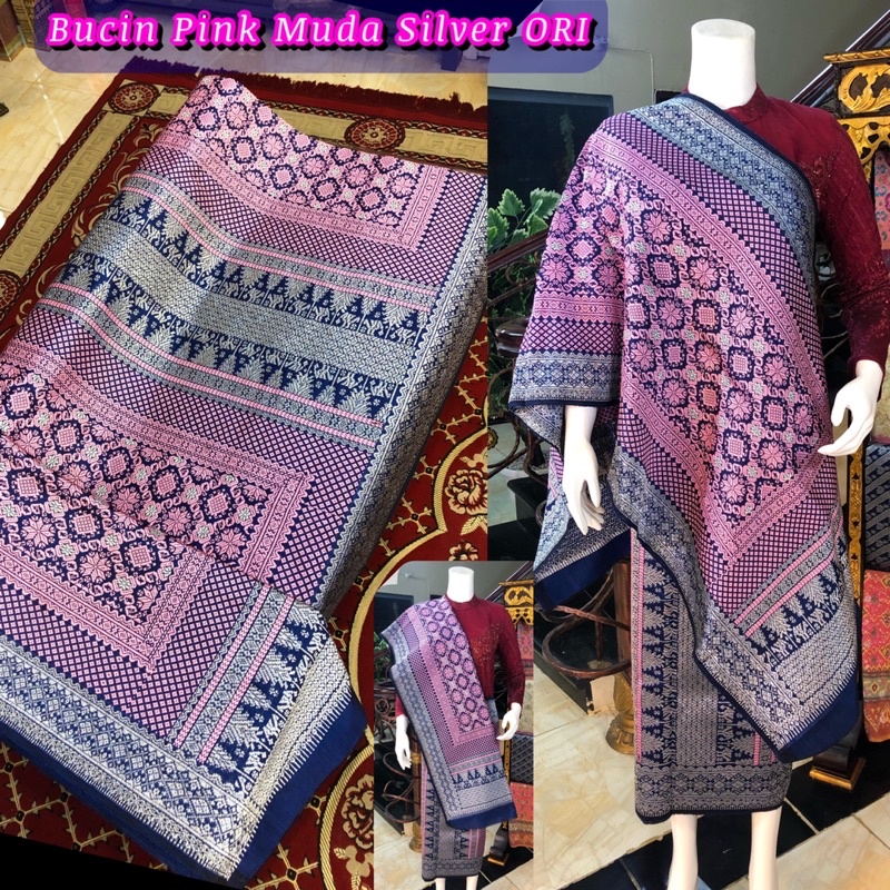 Jual Songket Bunga Cina Rakam ORI Pink baby Dasar Biru / Songket Tenun Palembang asli Tenun ...