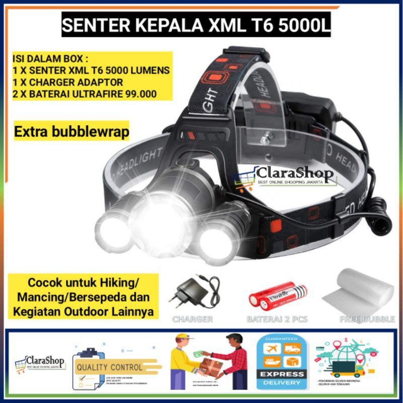 Jual Senter Kepala Cas Led / Headlamp LED Cre XML-T6 5000 Lumens Super ...