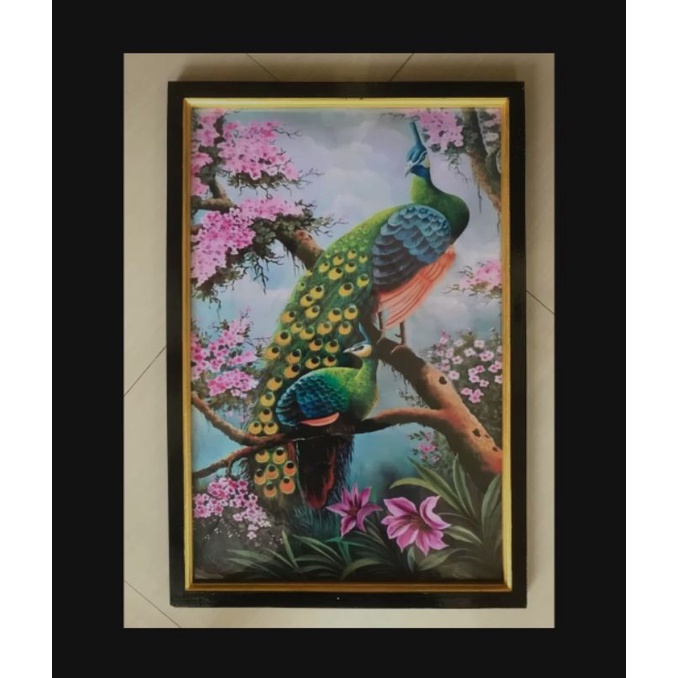 Jual Hiasan dinding cetak gambar lukisan sepasang burung merak plus ...