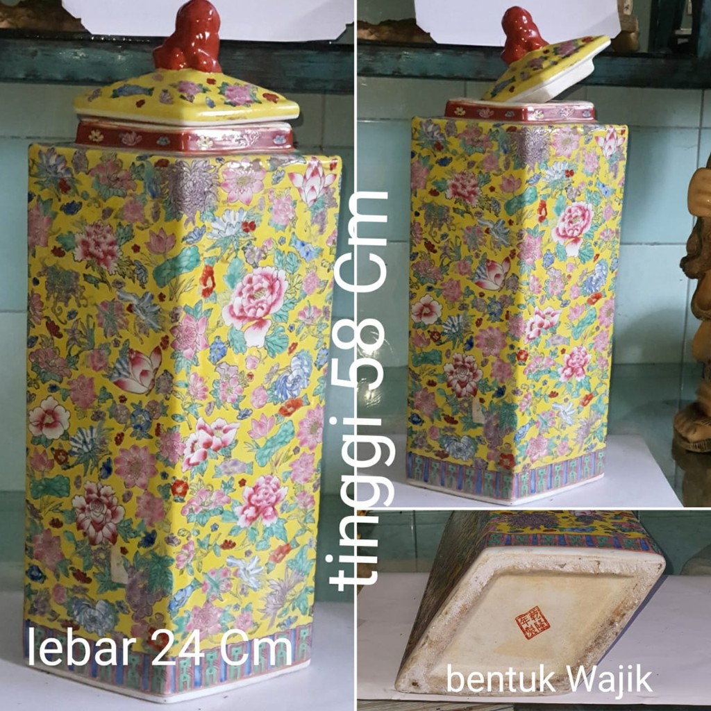 Jual GUCI ANTIK GUCI KERAMIK MOTIF BATIK KUNING WAJIK | Shopee Indonesia