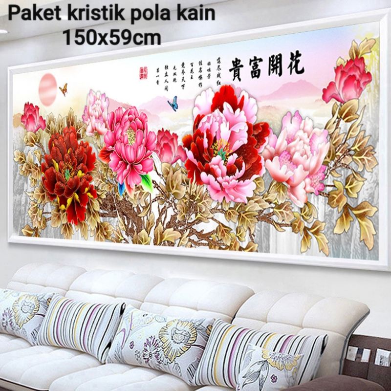 Jual paket kristik bunga peony emas merah premium dmc pola kain flowers ...