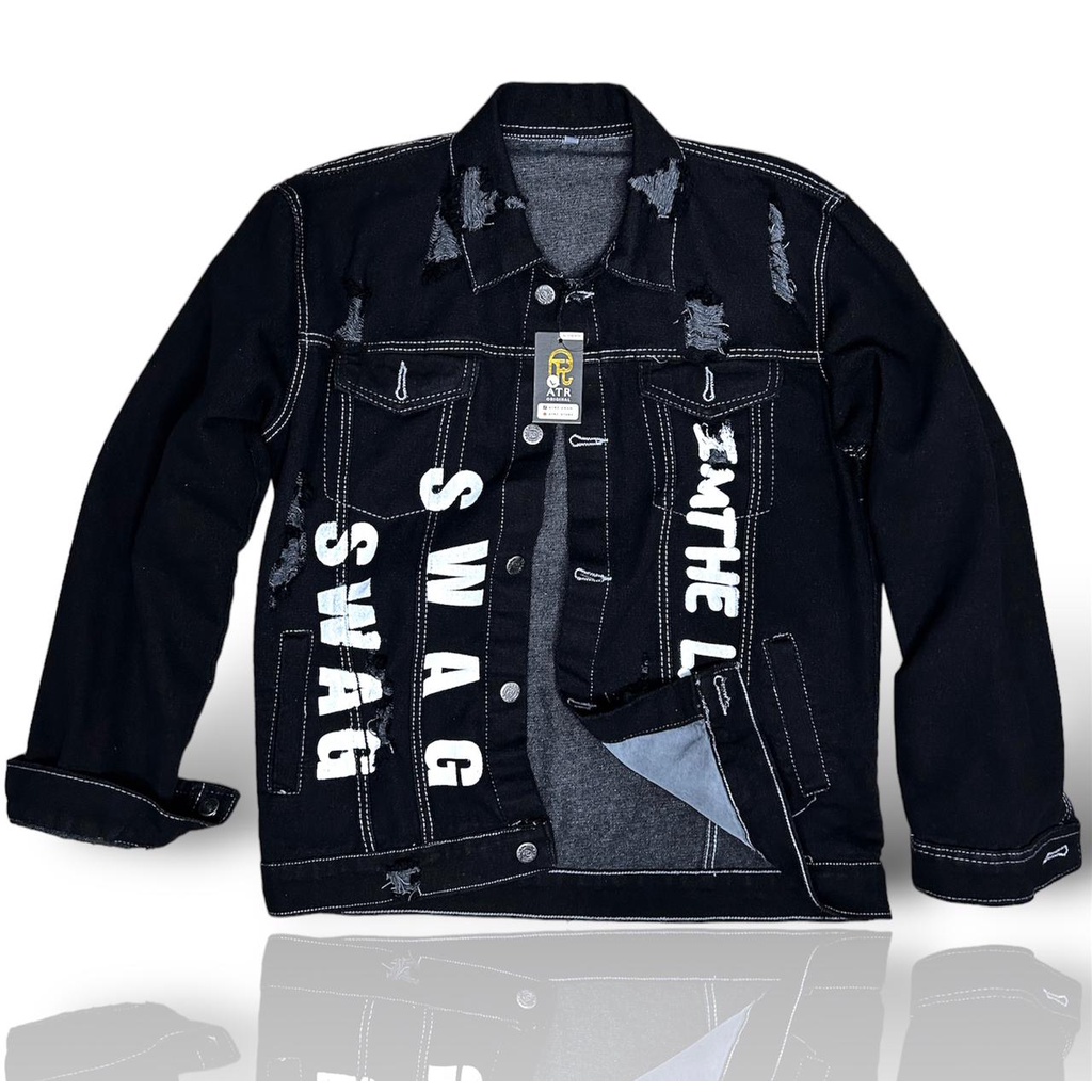Jual JACKET JEANS CASUAL PRIA MODEL SWEG HITAM PEKAT SABLON PASTISOL MM ...