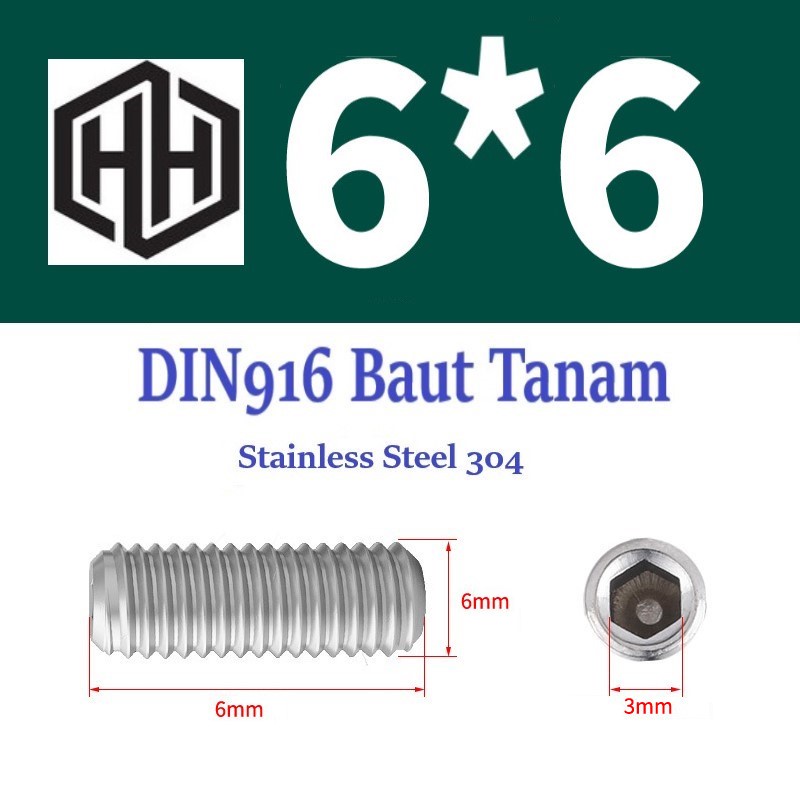 Jual Baut Tanam L M6 x 6 Hex DIN916 Stainless Steel BT66 | Shopee Indonesia
