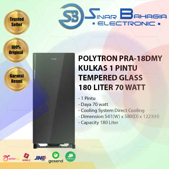 Jual POLYTRON PRA-18DMY KULKAS 1 PINTU TEMPERED GLASS 180 LITER 70 WATT ...