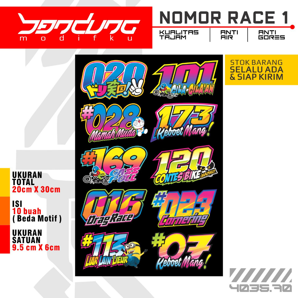 Jual Stiker Decal Set / Pack 1Set Isi 10 Motif nomor Race 1 | Shopee ...