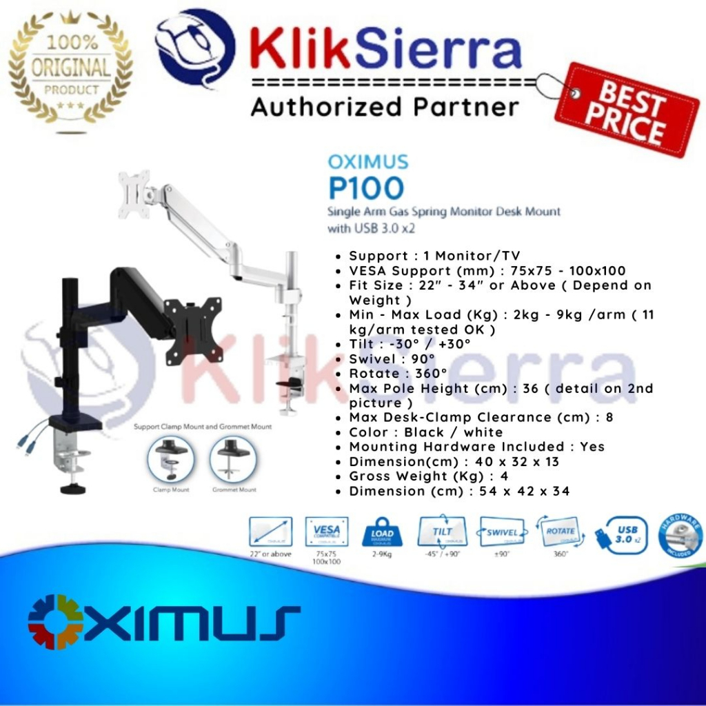 Jual Bracket Monitor LED LCD Gas Spring OXIMUS P100 Tilt Swivel Rotate ...