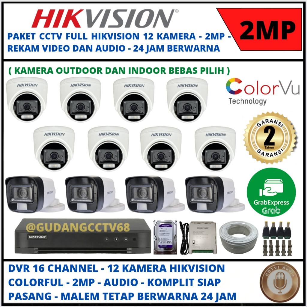 Jual PAKET CCTV HIVISION 16 CHANNEL 12 KAMERA HIKVISION COLORVU 2MP ...