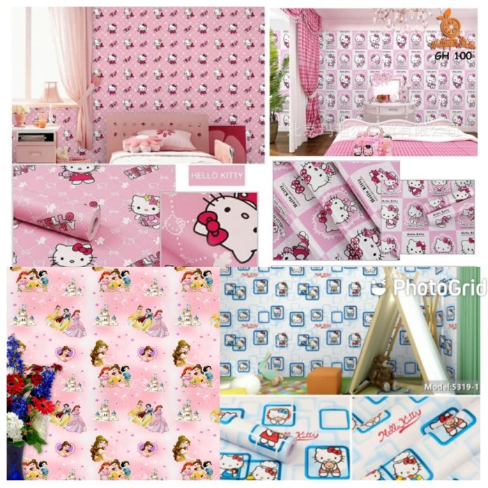 Jual Wallpaper Dinding Kamar Anak Motif Hello Kitty Stiker Meja Belajar Lemari Kayu Per Meter ...