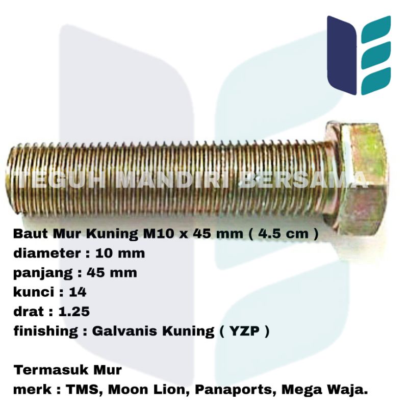 Jual Baut mur kuning m10 x 45 mm kunci 14 harga per pcs | Shopee Indonesia