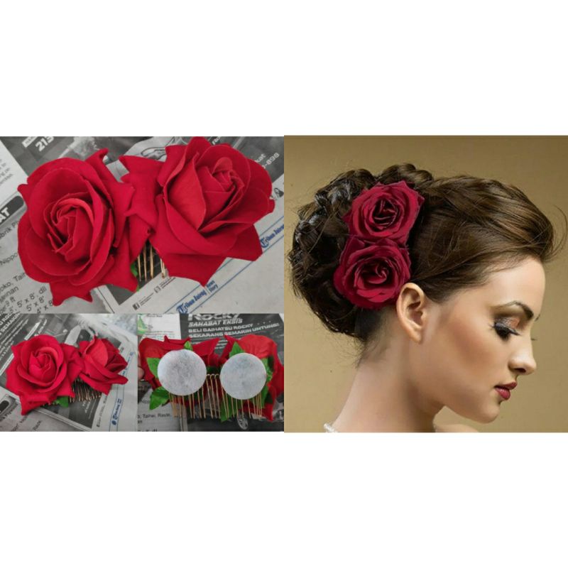 Jual Sirkam mawar ganda bludru merah besar aksesoris hiasan rambut ...