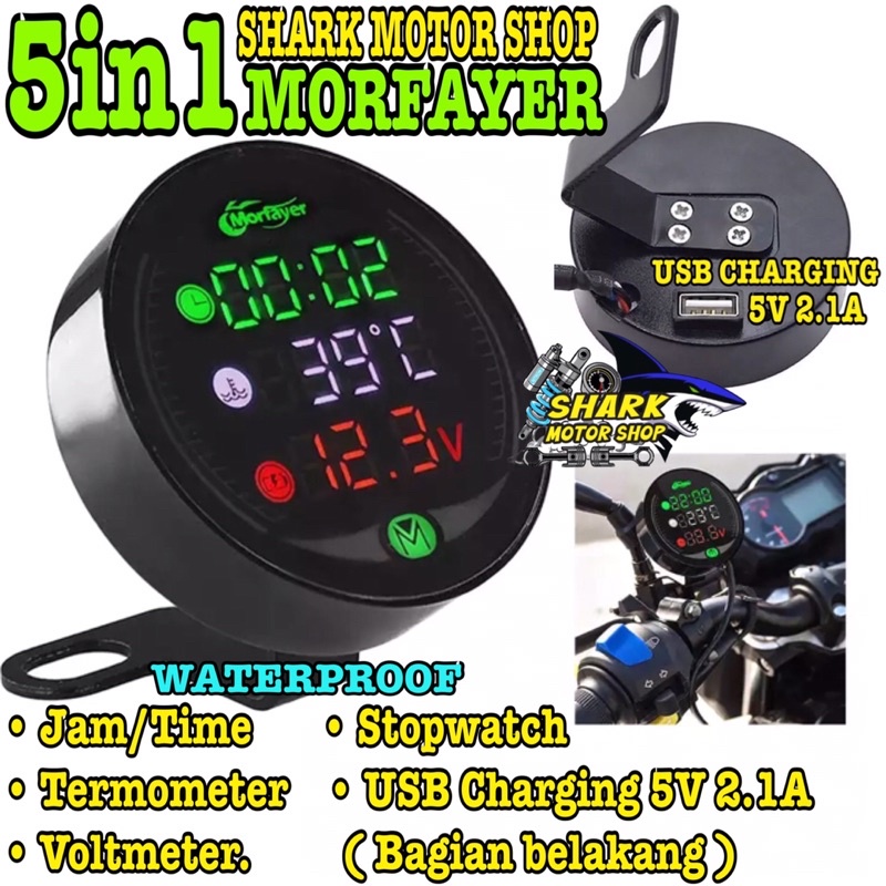 Jual VOLTMETER 5in1 MORFAYER jam-termometer-voltmeter-stopwatch-USB Charging 5V-2.1A bagian ...