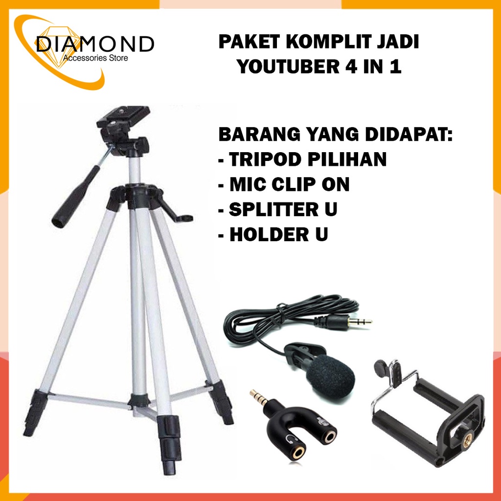 Jual PAKET YOUTUBER LENGKAP 4 IN 1 (TRIPOD + HOLDER U + MIC CLIP ON ...