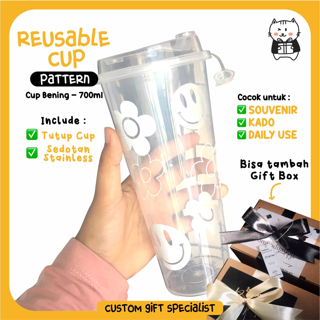 Jual DIVILINE Reusable Cup Pattern Aesthetic | Flower Smiley Face ...