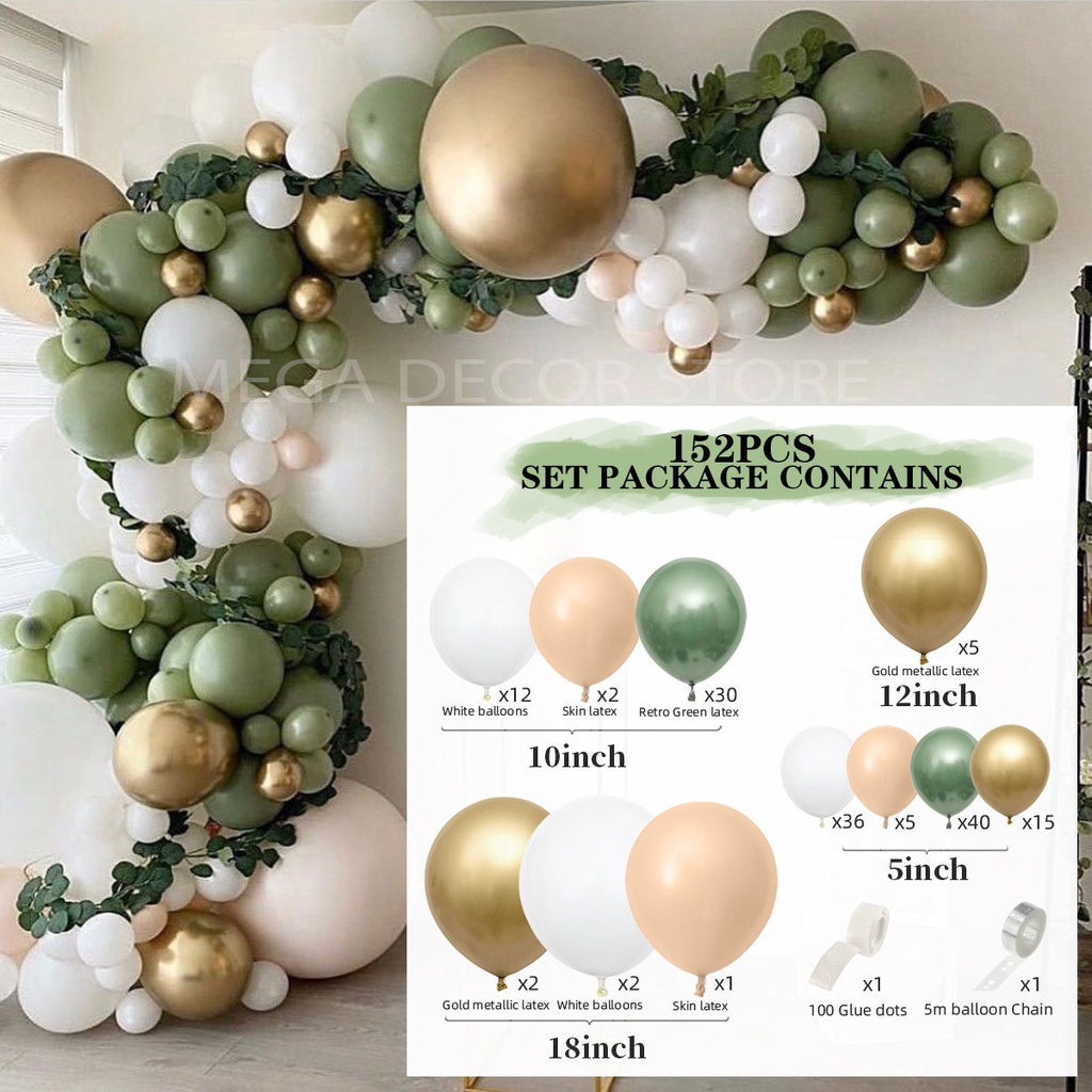 Jual 152 PCS GREEN VINTAGE HIJAU METALIK EMAS BALON LATEX GARLAND ...