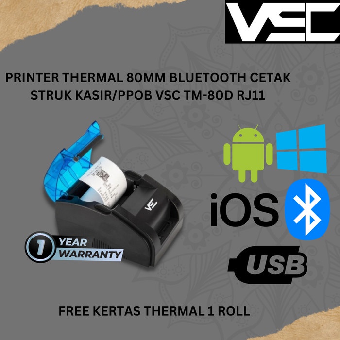 Jual PRINTER THERMAL 80MM BLUETOOTH CETAK STRUK KASIR/PPOB VSC TM-80D RJ11 | Shopee Indonesia