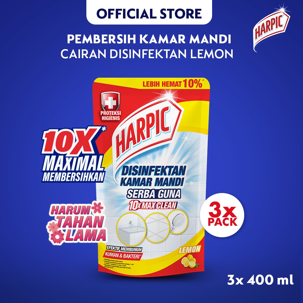 Jual Harpic Bathroom Lemon Pouch 400 ml x 3 - Pembersih Permukaan Kamar ...