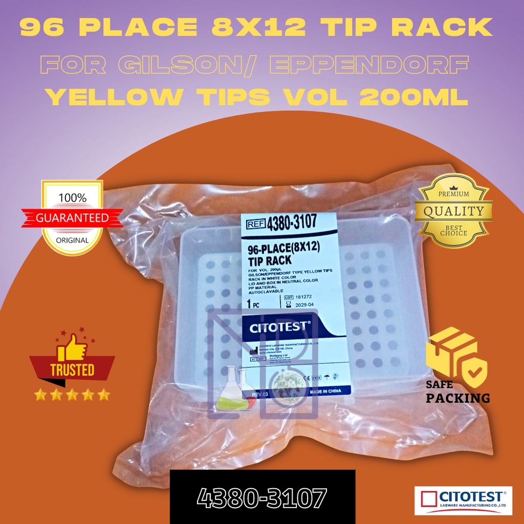 Jual 96 Place 8X12 Tip Rack for Gilson/ Eppendorf, Yellow Tips 200ml PP ...