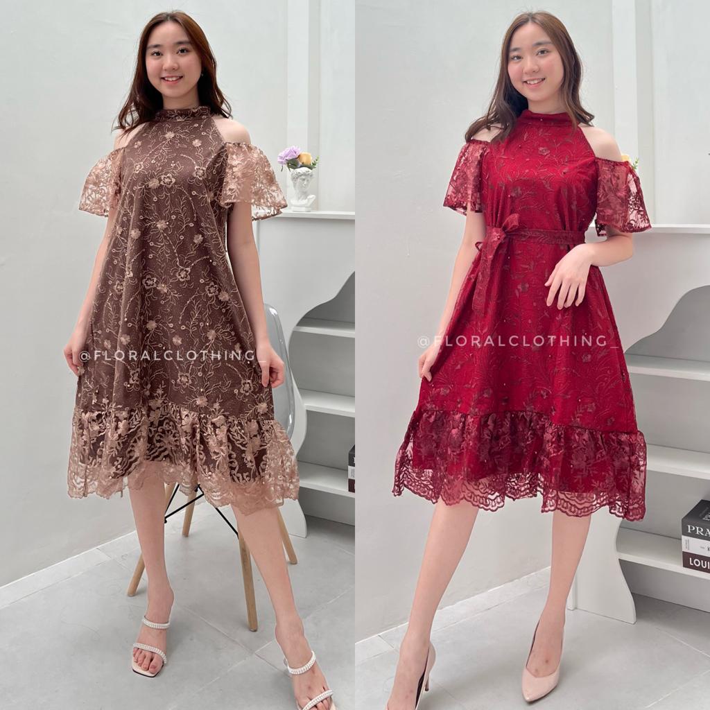 Jual dress natal pesta kondangan brokat premium korean look A-line F145 ...