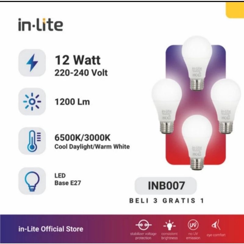 Jual In-Lite LED 12 Watt Cahaya Putih Beli 3 Gratis 1 | Shopee Indonesia