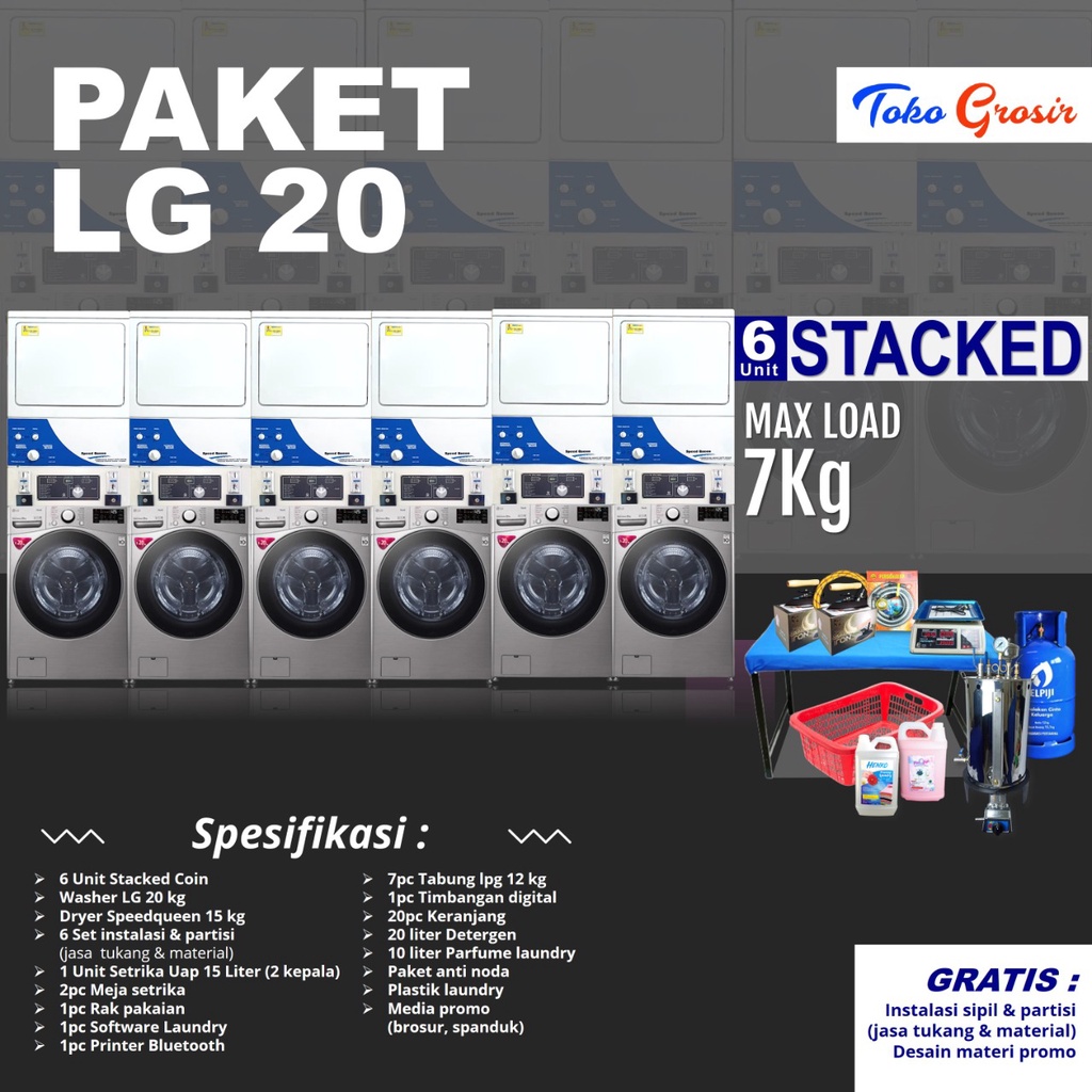 Jual PAKET LAUNDRY COIN 6 STACKED WASHER LG 20KG - DRYER SPEEDQUEEN ...