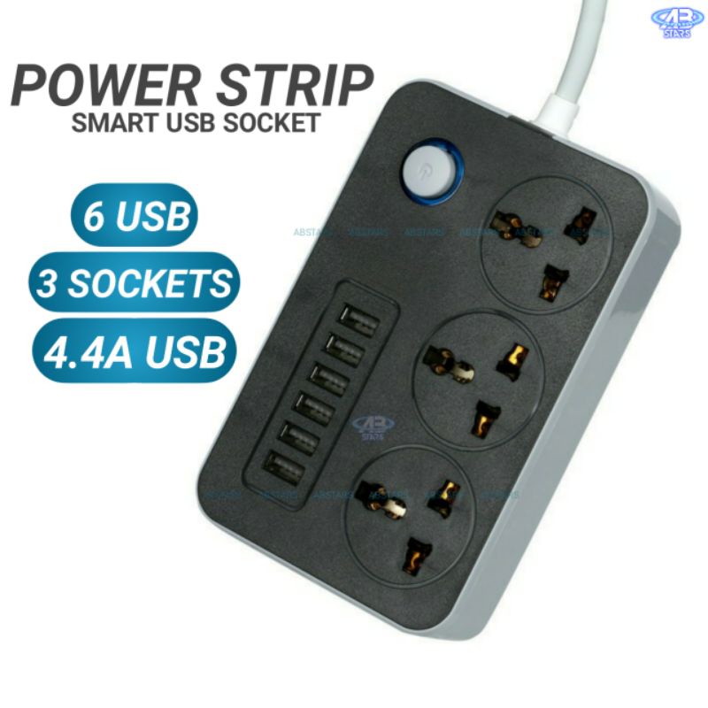 Jual Stop Kontak 3 Socket Port 6 USB Smart Power Strip Charger Adaptor Plug strip Power Socket ...