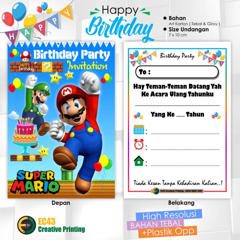 Jual Undangan Ulang Tahun Anak Super Mario isi 10 pcs Plus Plastik Opp ...