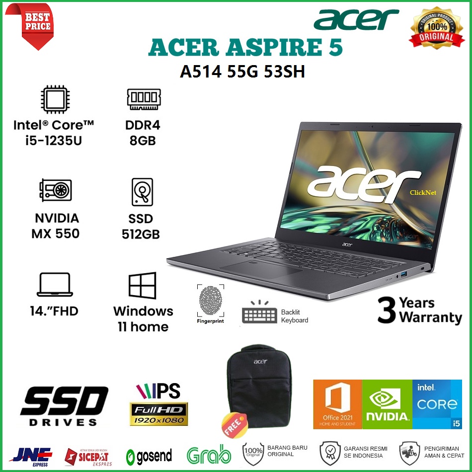 Jual Acer Aspire 5 A514 55G 53SH i5-1235U 8GB 512GB SSD MX550 2GB WIN11 OHS | Shopee Indonesia