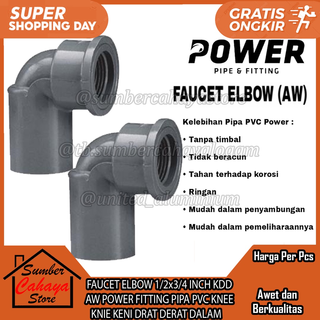 Jual KNEE KENI DRAT DALAM FAUCET ELBOW 1/2x3/4 INCH KDD AW POWER FITTING PIPA PVC TEBAL ...