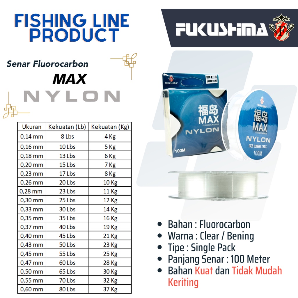 Jual Senar Pancing Bahan Taiwan Fluorocarbon Fukushima Max Nylon ...