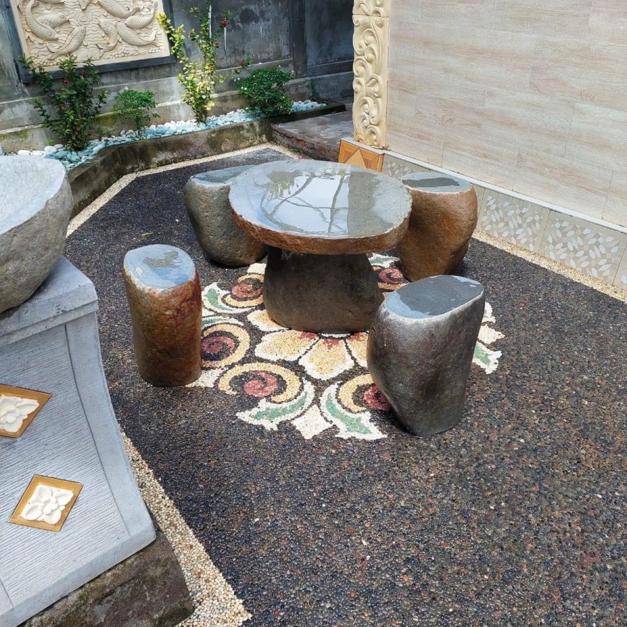 Jual Meja batu alam diameter 100cm 1 set + kursi 4pcs | Shopee Indonesia