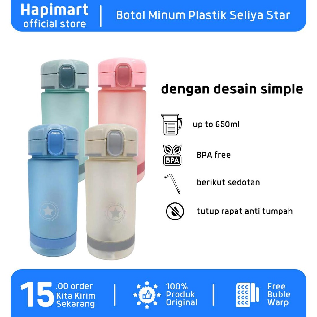 Jual Botol Minum Plastik Seliya Star Dengan Sedotan Tutup Model Push 650 ML | Shopee Indonesia