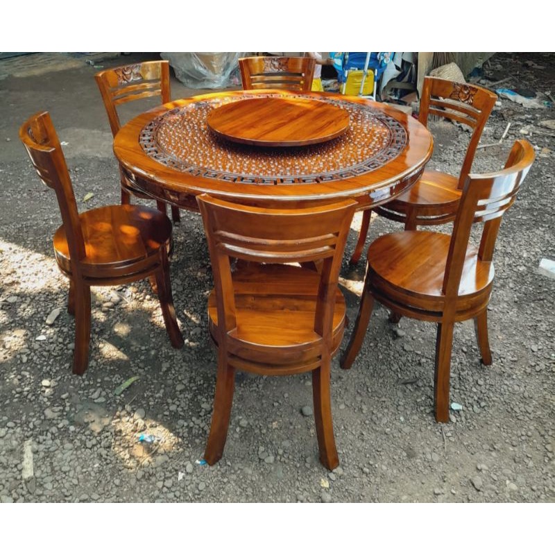Jual Meja Makan Bundar Ukir Jati 6 Kursi dengan Putaran Tengah | Shopee ...